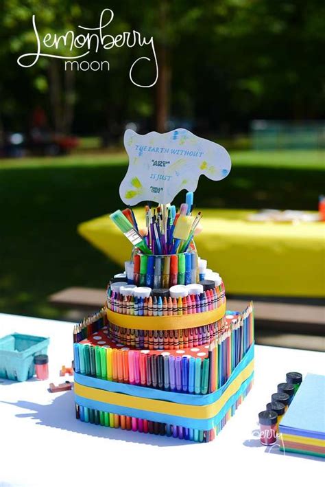 Art Birthday Party Ideas Cake Made Of Crayons And Markers