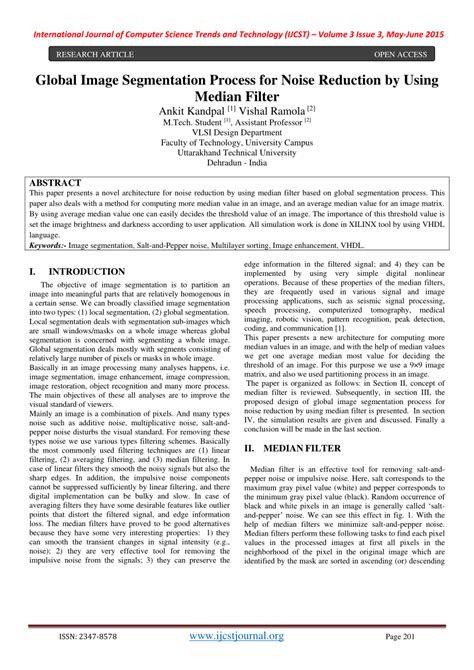 PDF Global Image Segmentation Process For Noise Reduction By Using Median Filter