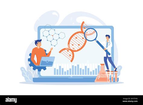 Scientists Looking At Dna And Charts With Magnifier On Laptop