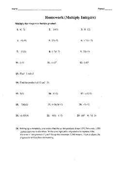 Multiplying Integers Homework By Operation Mathematics TpT