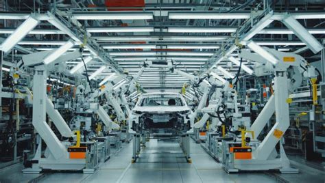 Advanced Robotic Assembly Line In A Modern Automobile Factory Stock