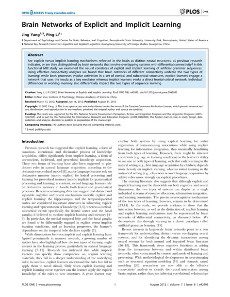 Pdf Brain Networks Of Explicit And Implicit Learning
