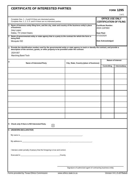 Form 1295 Certificate 101234589 Pdf