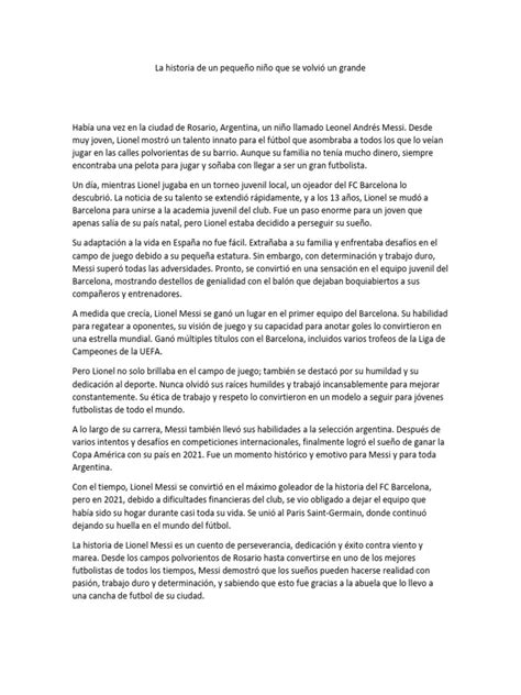 La Historia De Un Pequeño Niño Que Se Volvió Un Grande Pdf Lionel Messi Fc Barcelona