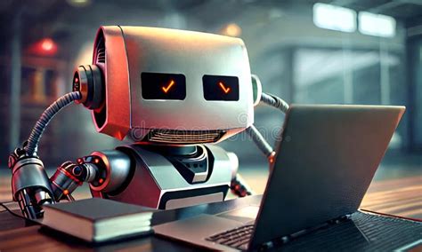 Robot Sits At A Table With Laptops Robot Works With A Laptop In The