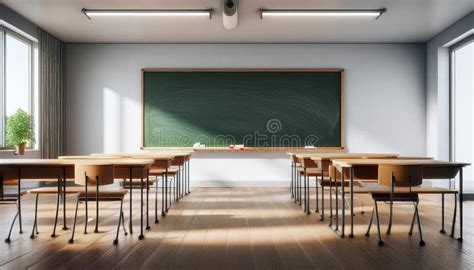 Modern Classroom Interior With Empty Wooden Desks And A Large Blackboard 3d Rendering Stock