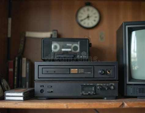 Old Tv And Recorders On Shelf Obsolete Vhs Player Vcr With Buttons Tape Recorder Analog Tech