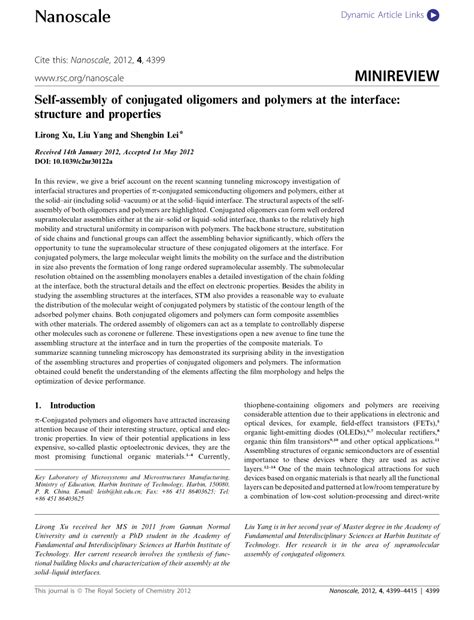 Pdf Self Assembly Of Conjugated Oligomers And Polymers At The Interface Structure And Properties