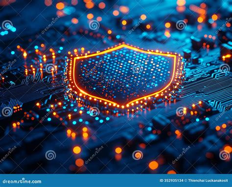Glowing Cybersecurity Shield Icon On Detailed Circuit Board Stock Illustration Illustration Of