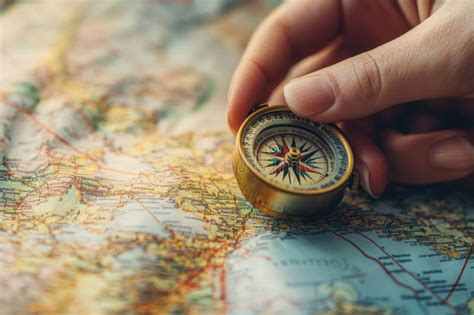 Hand Holding Vintage Compass Over Old World Map For Exploration And