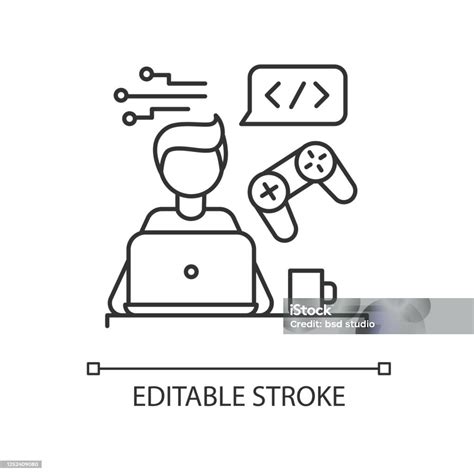게임 개발자 픽셀 완벽한 선형 아이콘 프리랜서 원격 게임 소프트웨어 프로그래머 얇은 선 사용자 정의 일러스트레이션 윤곽
