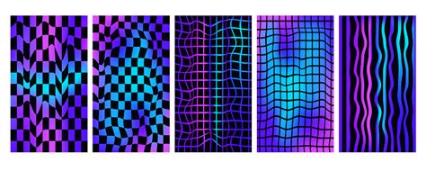 바둑판 홀로그램 배경 세트입니다 사이키델릭 검사기 그라디언트 포스터 템플릿 왜곡된 그리드와 줄무늬가 있는 초현실적인 체스판 벡터 테크노 기하학적 배경 벽면 디자인 1960