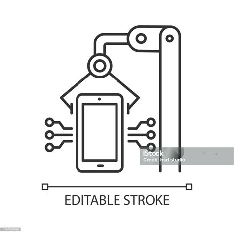 전자 산업 선형 아이콘입니다 스마트폰 및 태블릿 생산 전자 장치 하드웨어 수리 가는 선 그림입니다 등고선 기호입니다 벡터 절연