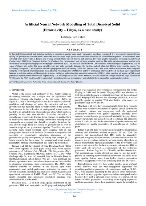 Pdf Artificial Neural Network Modelling Of Total Dissolved Solid Elzawia City Libya As A