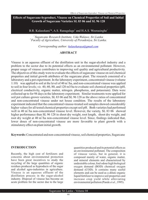 Pdf Effects Of Sugarcane Byproduct Vinasse On Chemical Properties Of