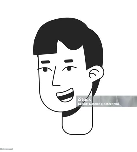 편안한 미소를 짓는 단색 플랫 선형 캐릭터 머리를 가진 쉬운 청년 2차 도형에 대한 스톡 벡터 아트 및 기타 이미지 2차
