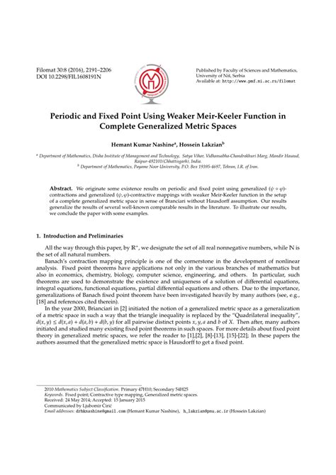 Pdf Periodic And Fixed Point Using Weaker Meir Keeler Function In