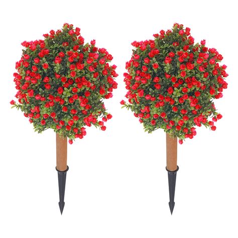 Charlton Home® Set Of 2 Artificial Boxwood Topiary Ball Trees With Red