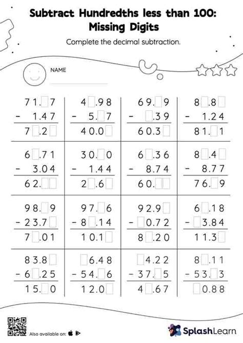 Subtract Hundredths Less Than 100 Missing Digits Worksheet