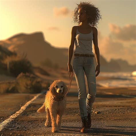 A Woman Walking A Dog With A Dog On The Leash Premium Ai Generated Image