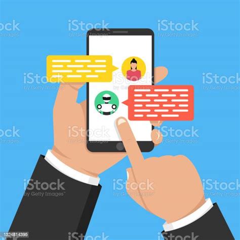 챗봇 컨셉 스마트 폰에서 채팅 봇과 채팅 하는 남자 사용자는 메신저에서 봇과 이야기 벡터 그림입니다 Brand Name Online Messaging Platform에 대한