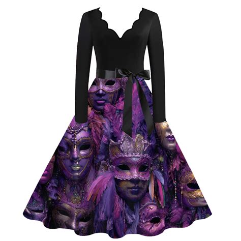 Fgvctg Womens Mardi Gras Dress Party Formal Glitter Mask Print Cocktail