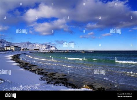 Snow Covered Wide Beach Ramberg Flakstad Flakstadoya Nordland