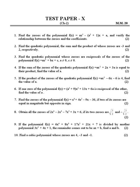 Polynomials Test Paper Pdf