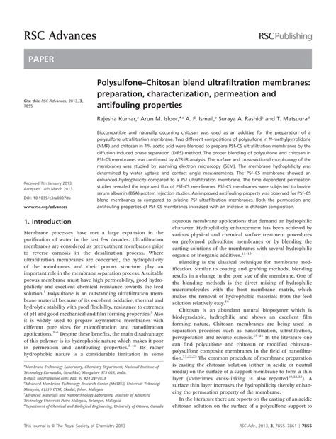 Pdf Polysulfone Chitosan Blend Ultrafiltration Membranes Preparation Characterization