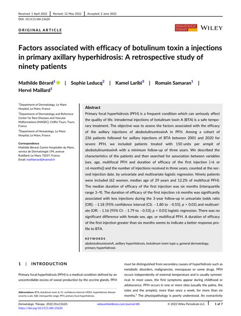 Factors Associated With Efficacy Of Botulinum Toxin A Injections In Primary Axillary