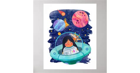 Girl Flying Sauser Astronaut Outer Space Planets Poster Zazzle