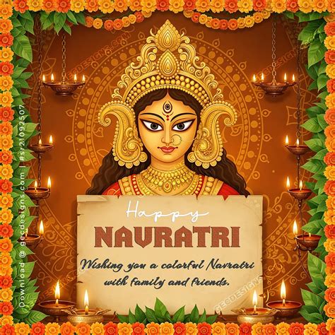 Navratri Wishes Image With Maa Durga Marigold Flowers And Diyas For
