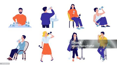 알코올 중독 술에 취한 남자와 여자 병과 알코올 음료의 안경을 가진 사람들 와인이나 맥주를 마시는 캐릭터 중독된 사람은 위스키를 학대 벡터 악성 습관 개체 그룹에 대한 스톡