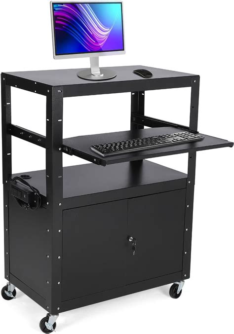 Rolling Av Cart With Locking Cabinet Laptop Stand Height Adjustable