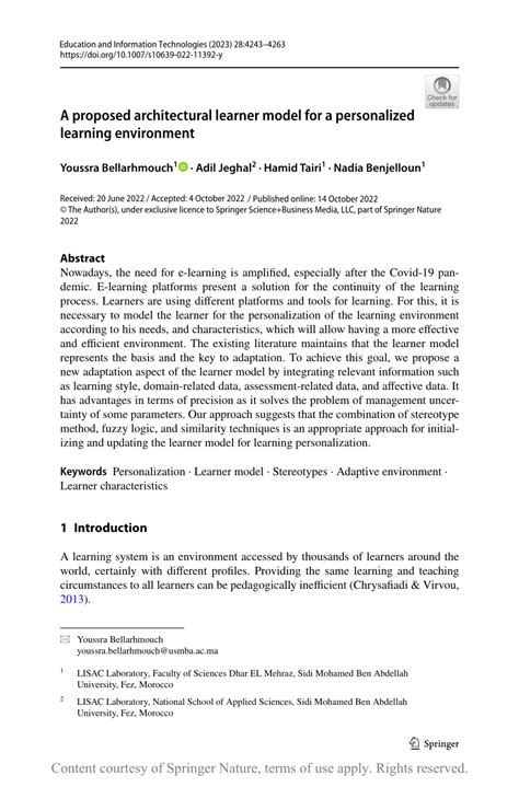 A Proposed Architectural Learner Model For A Personalized Learning Environment Request Pdf