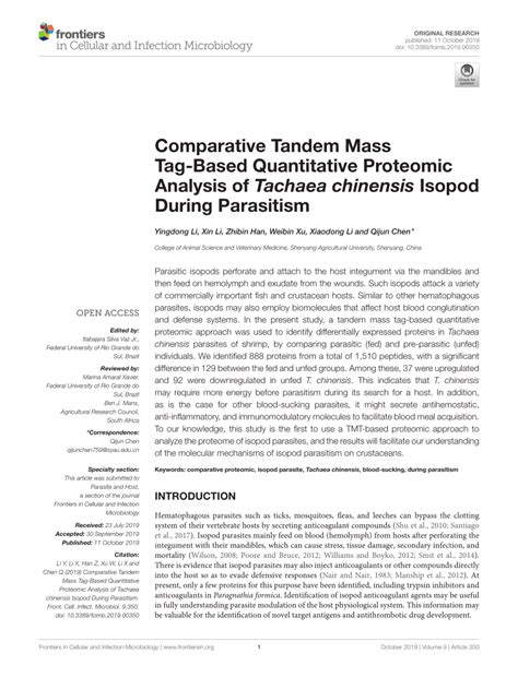 Pdf Comparative Tandem Mass Tag Based Quantitative Proteomic Analysis Of Tachaea Chinensis