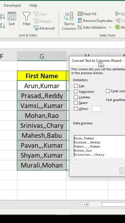 Shorts Separate Last Name From First Name By Using Text To Columns