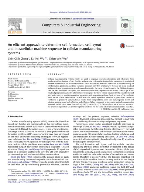 Pdf An Efficient Approach To Determine Cell Formation Cell Layout