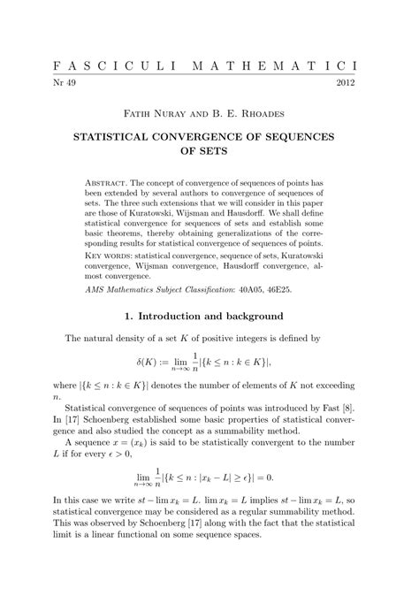 Pdf Statistical Convergence Of Sequences Of Sets