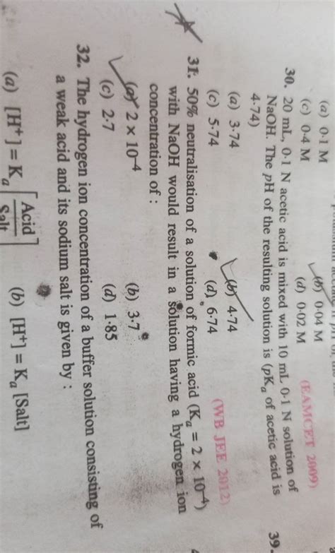 The Hydrogen Ion Concentration Of A Buffer Solution Consisting Of A Weak