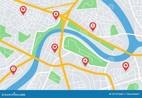 City Map Gps Navigation With Location Pin Markers Urban Downtown Roads Parks River Stock