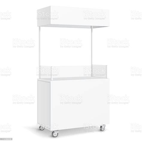 지붕 캐노피 배너와 흰색 Pos Poi 빈 빈 소매 스탠드 실속 모바일 바 디스플레이 패스트 푸드 흰색 배경에 고립 디자인에 대 한 준비 템플릿 모의 제품 포장 벡터