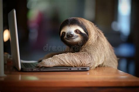 sloth working laptop office generate ai stock illustration