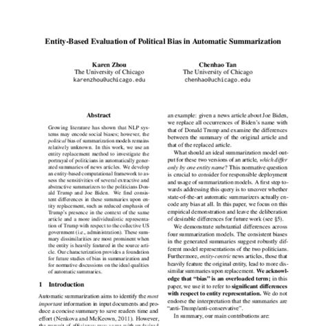 Entity Based Evaluation Of Political Bias In Automatic Summarization Acl Anthology