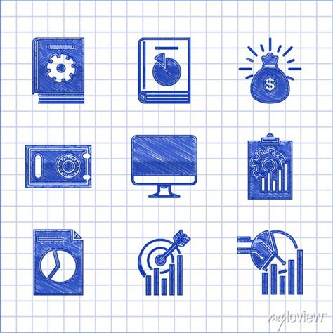 Set Computer Monitor Screen Target With Graph Chart Pie Infographic Posters For The Wall