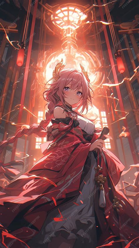 Premium Photo Anime Girl In A Red Dress With A Sword In A Room