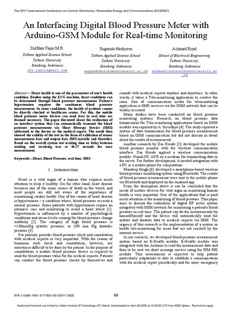 An Interfacing Digital Blood Pressure Meter With Arduino Gsm Module For