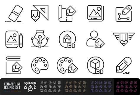선형 스타일의 선 아이콘 집합입니다 시리즈 그래픽 디자인 아이디어와 창의성 소프트웨어 디자인 및 아트 도구 윤곽선 아이콘 모음