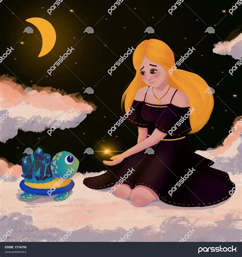 تصویر کودکانه از یک لاک پشت فضایی با کریستال های روی پوسته به دختر نگاه