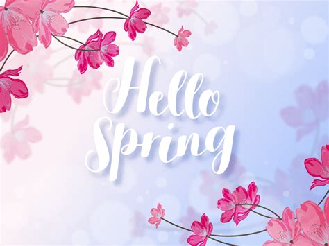 Hello Spring Font With Pink Flowers Decorated On Glossy Blue And White Background 20743076